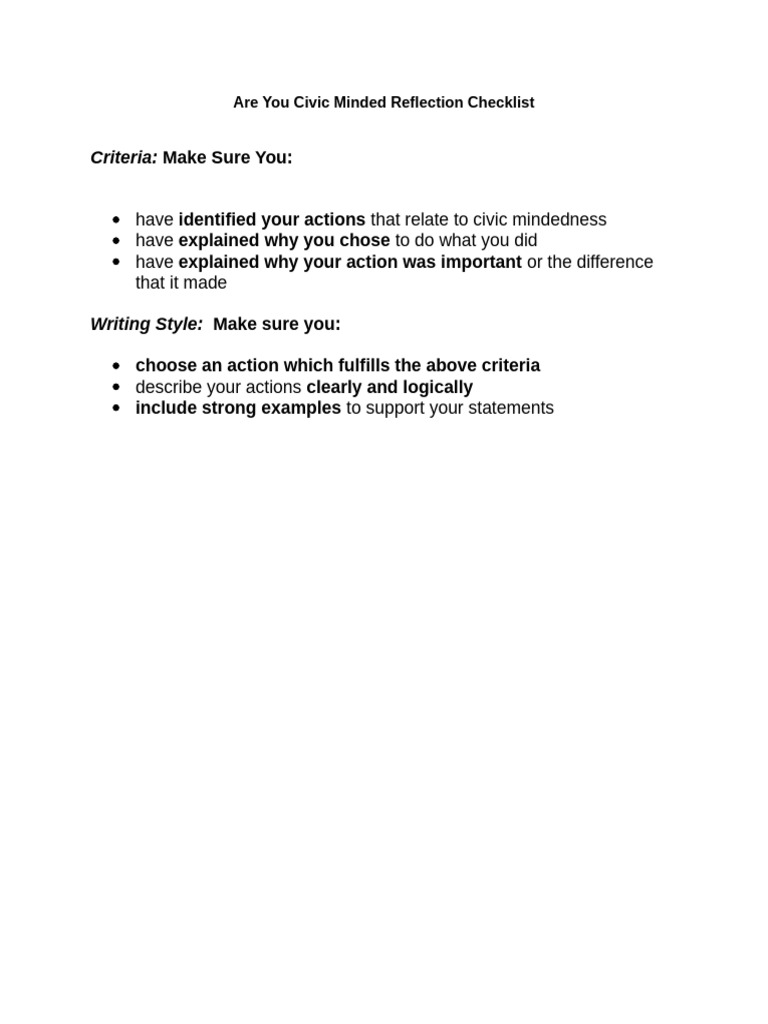 Civic Minded Reflection Checklist | PDF