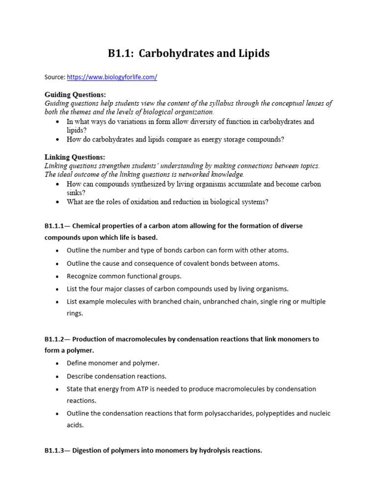 B1.1 - Carbohyrates and Lipids | PDF | Carbohydrates | Triglyceride