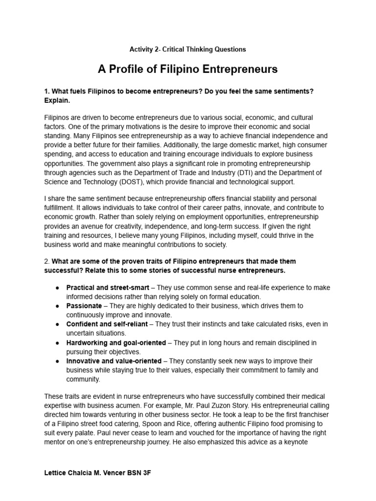 Activity 2 Critical Thinking Activity | PDF | Entrepreneurship ...