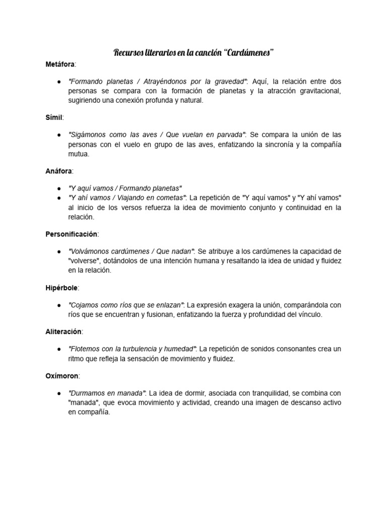 Recursos Literarios en La Canción "Cardúmenes" | PDF