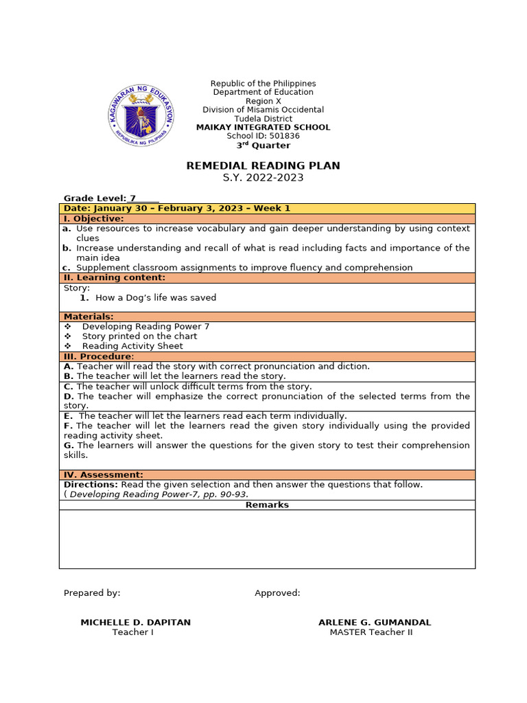 Remedial Reading Plan Week 1 | PDF