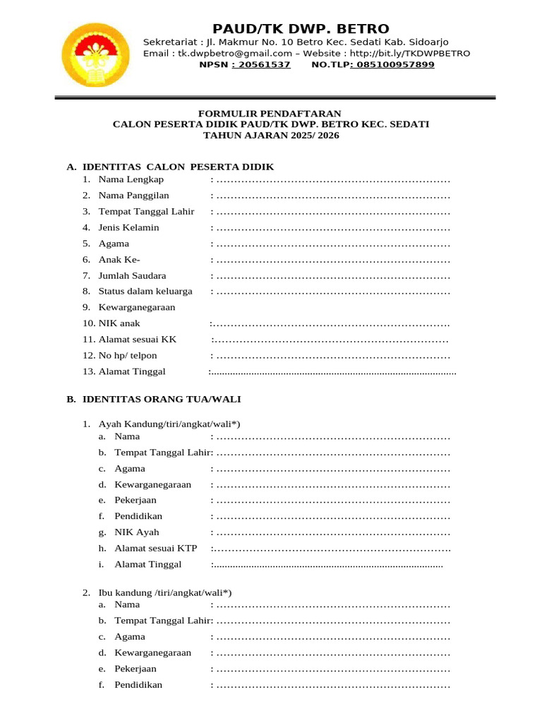 Formulir Pendaftaran 2025-2026 | PDF