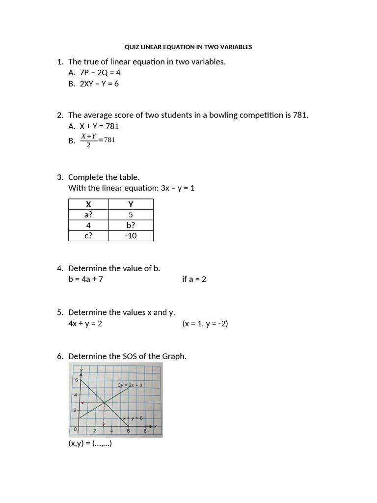 Quiz on Linear Equations in Two Variables | PDF