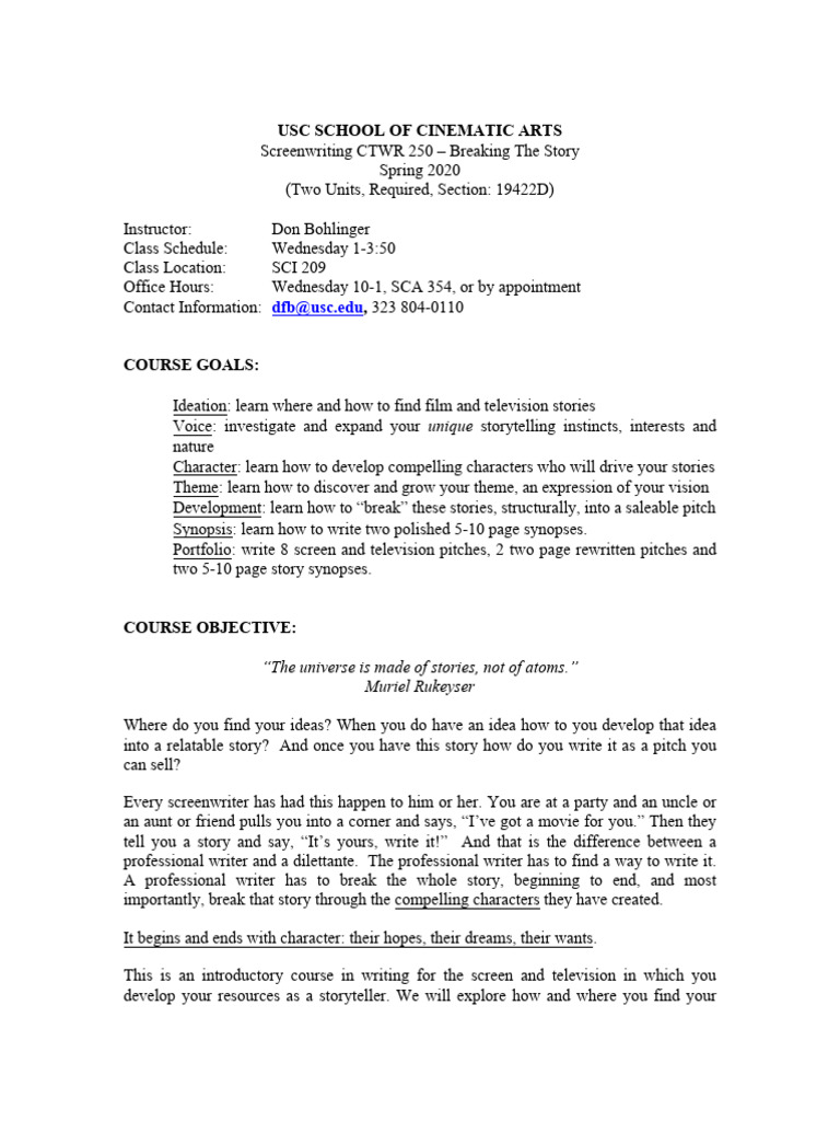 USC Screenwriting Course: Breaking Story | PDF | University Of Southern ...