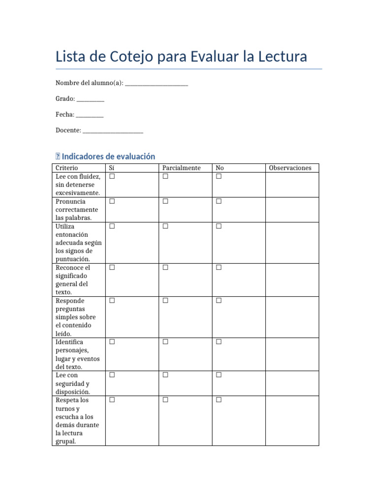 Cotejo para Evaluar la Lectura Escolar | PDF