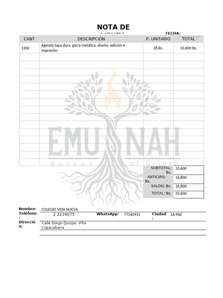 Nota de Venta Emunah | PDF