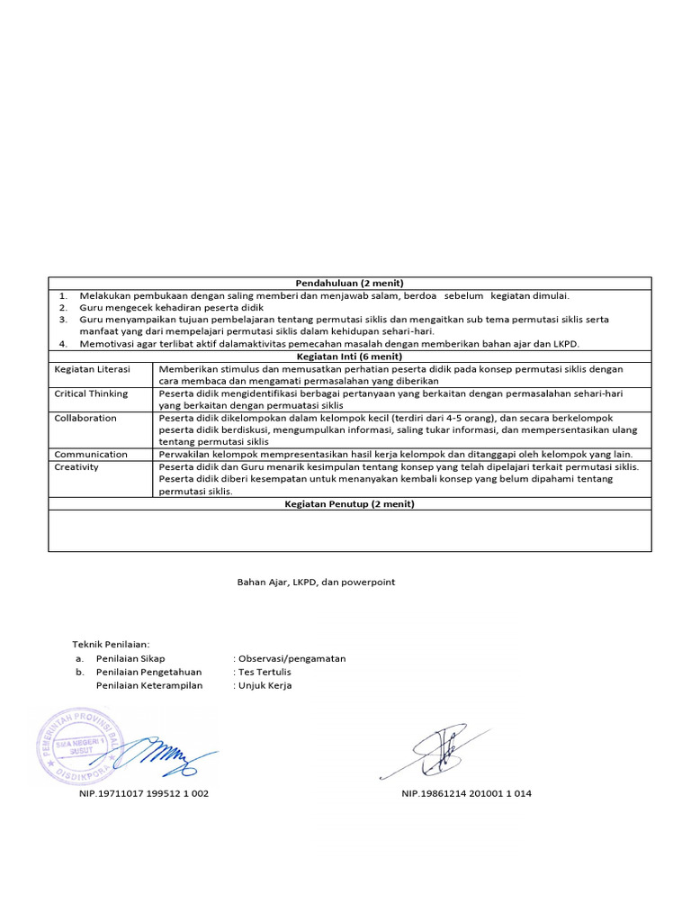 RPP Siklis 1 Lembar | PDF