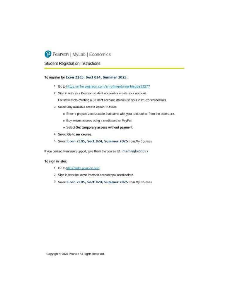 MyEconlab Students' Registration, Summer 2025 Sect. 024 | PDF