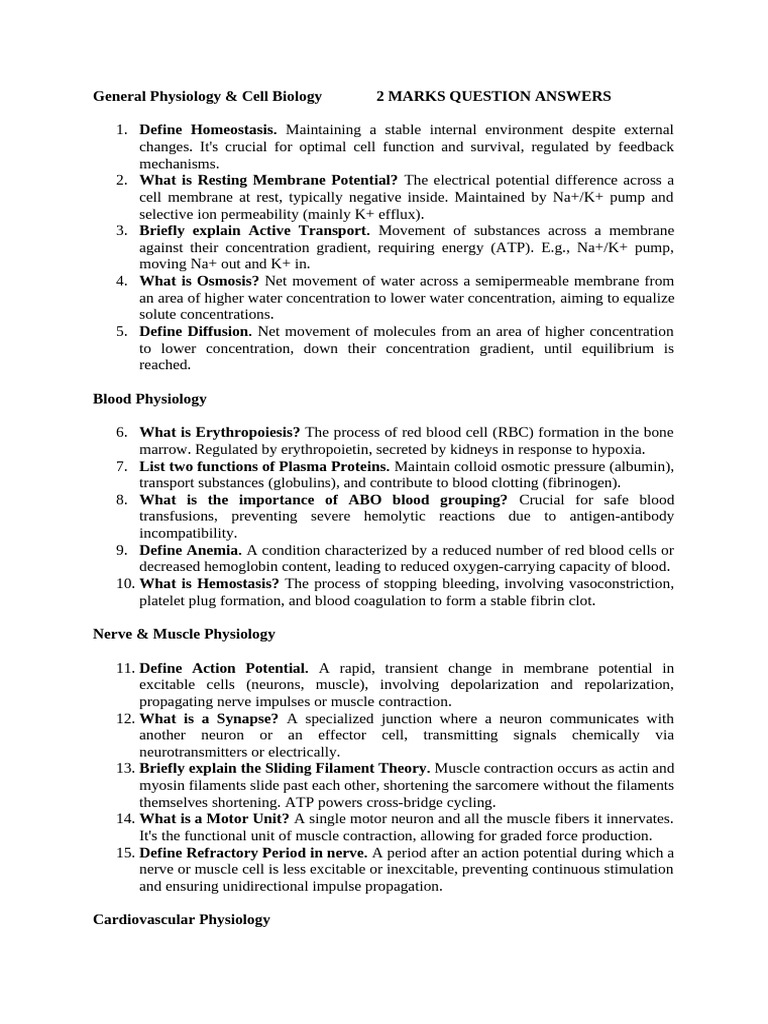 2 Marks Answers Physiology | PDF | Action Potential | Muscle Contraction