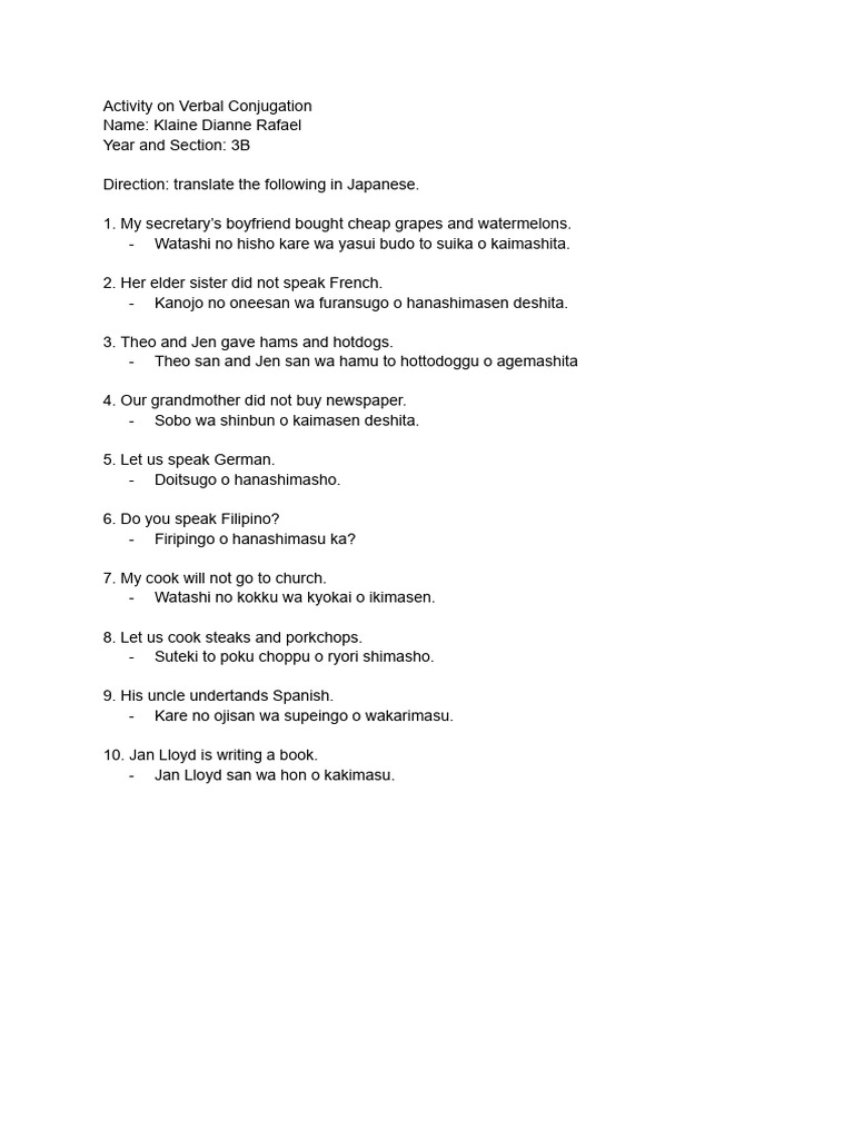 Japanese Verbal Conjugation Activity | PDF