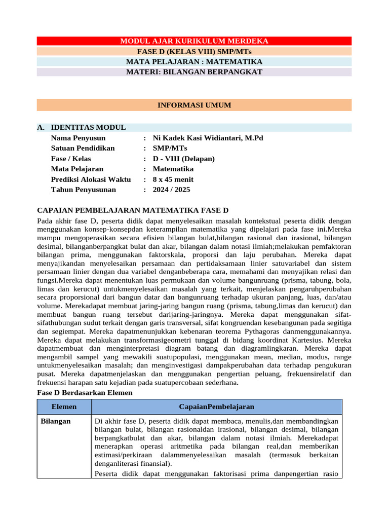 Modul MTK KLS 8 Bil - Berpangkat | PDF