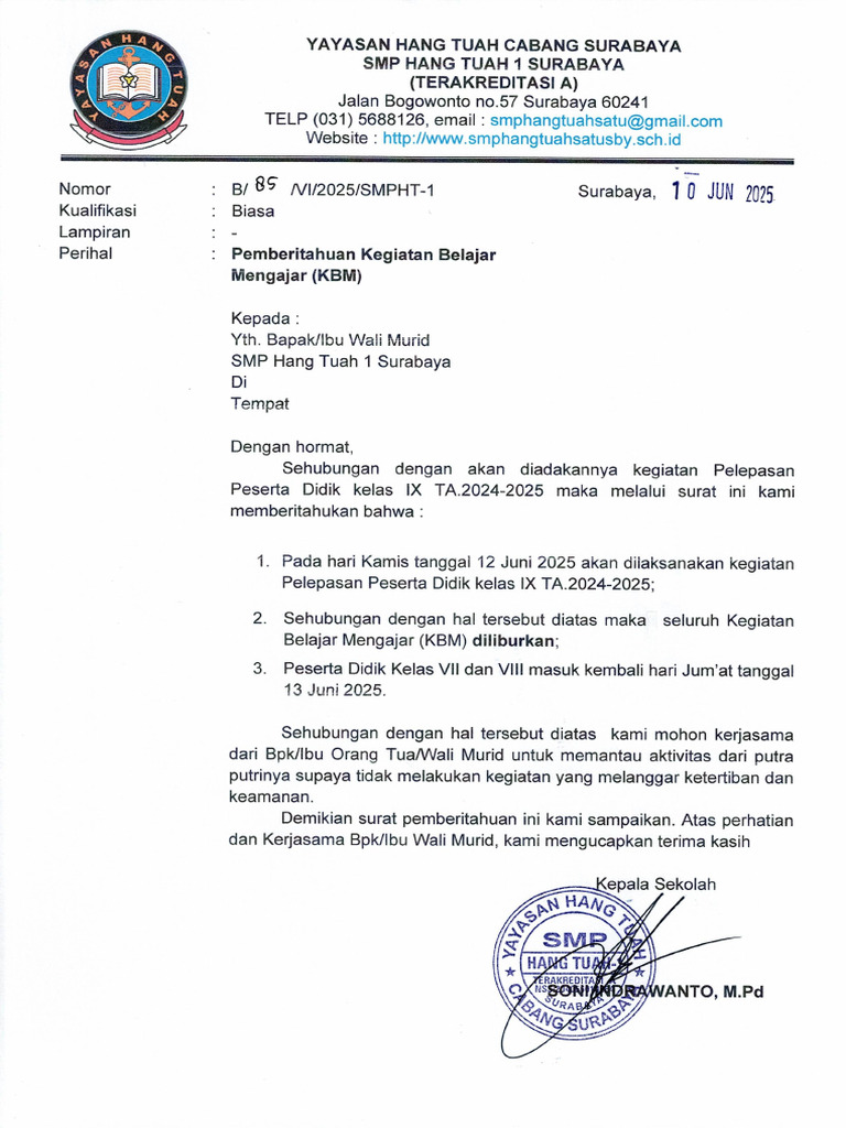 Surat Pemberitahuan Kegiatan Belajar Mengajar (KBM) | PDF