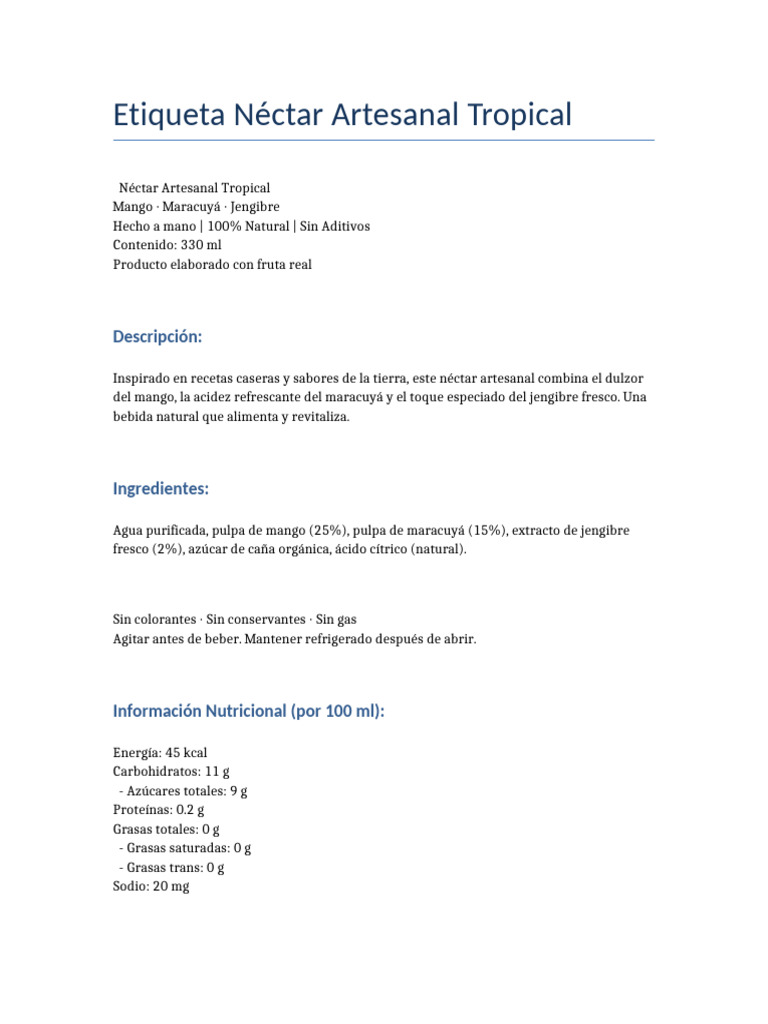 Etiqueta Nectar Artesanal Tropical | PDF