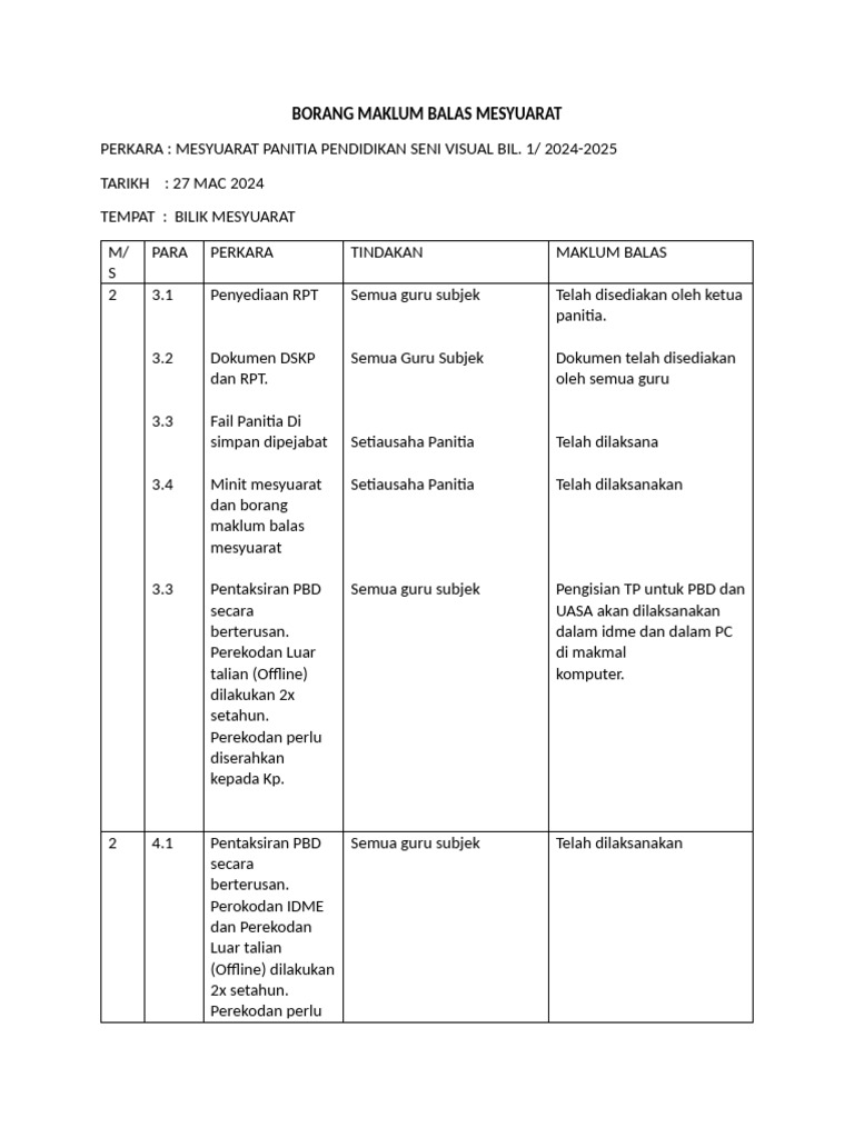 Borang Maklum Balas Mesyuarat PSV 1 2024 | PDF