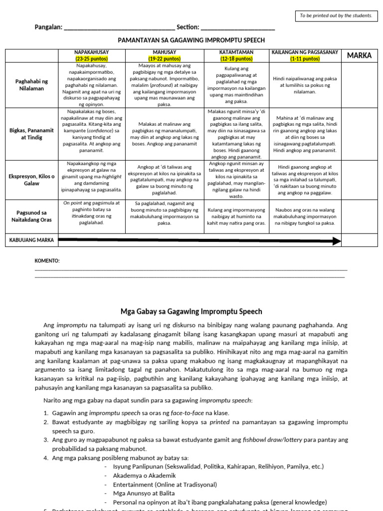 Impromptu Speech Rubric | PDF