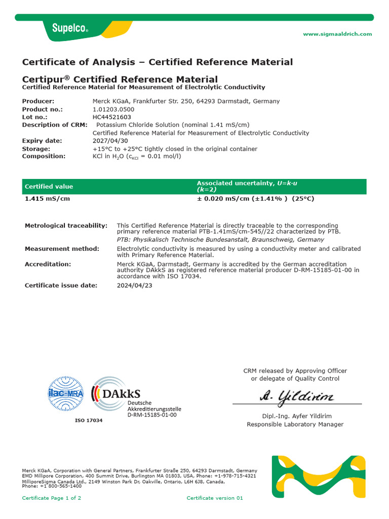 Certified Reference Material: KCl Solution | PDF | Applied And ...