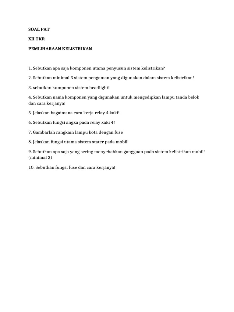 SOAL PAT XII TKR Pemeliharaan Kelistrikan | PDF