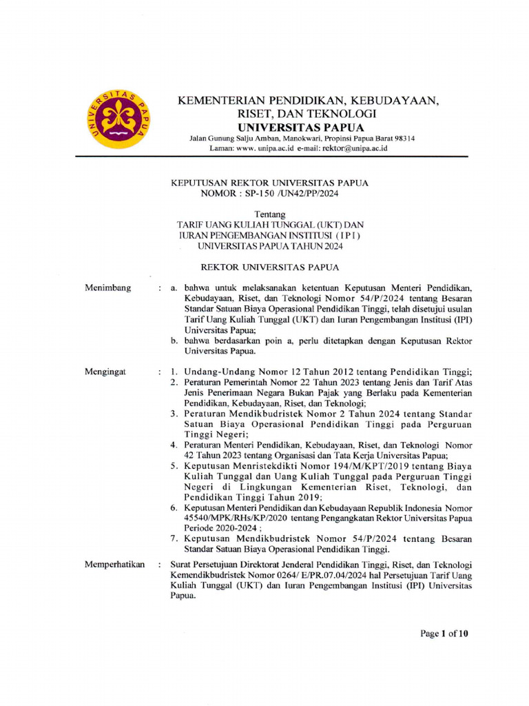 150 SK Rektor UKT Dan IPI UNIPA 2024 - 240513 - 184013 1 | PDF