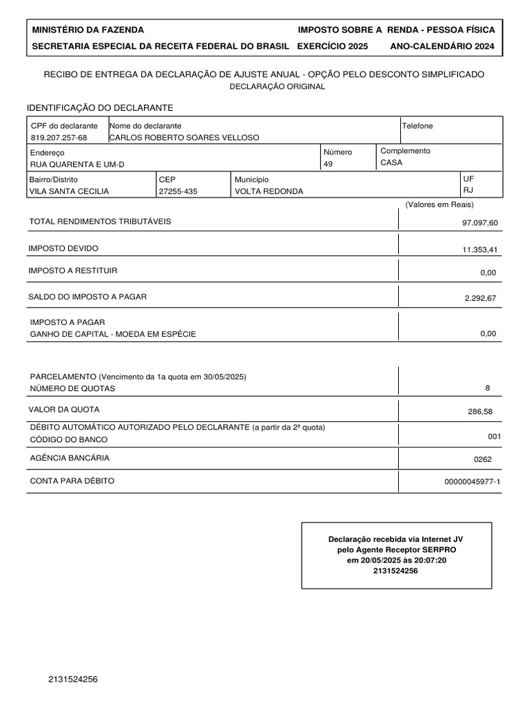 Recibo de Declaração IRPF 2025 | PDF | Imposto de Renda | Impostos