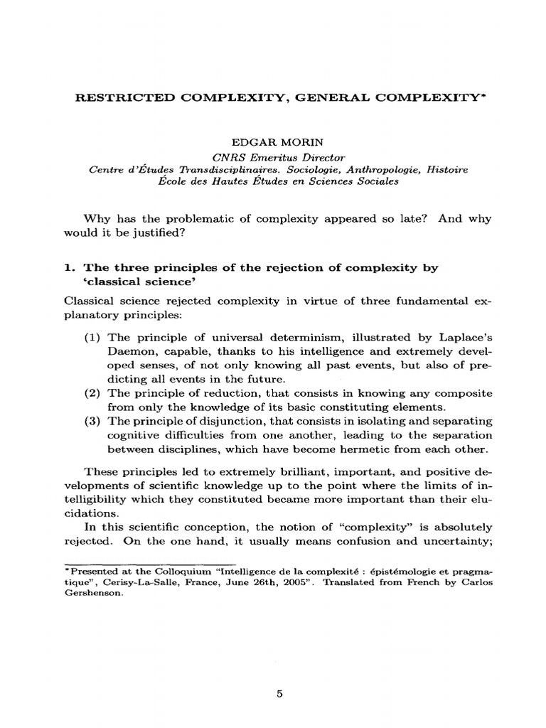 Morin Restricted Complexity, General Complexity | PDF | Science | Chaos Theory