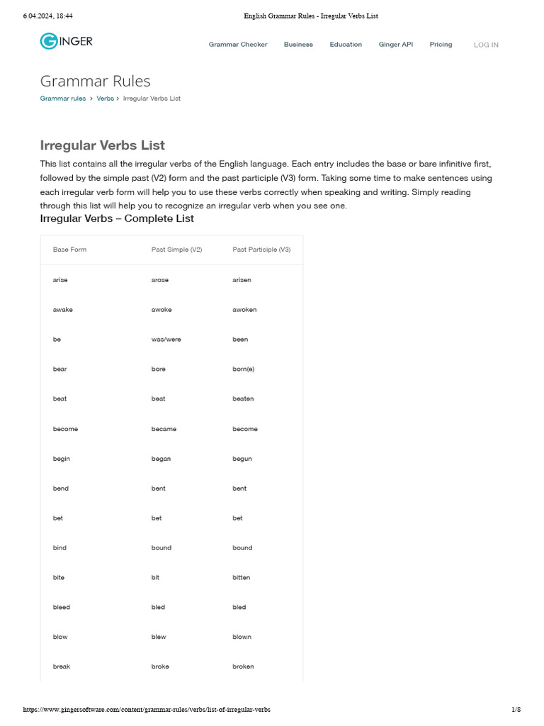 English Grammar Rules - Irregular Verbs List | PDF | English Grammar | Verb