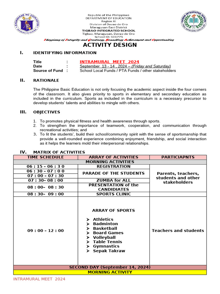 Activity Design - Intramurals 2425 | PDF | Teachers | Learning