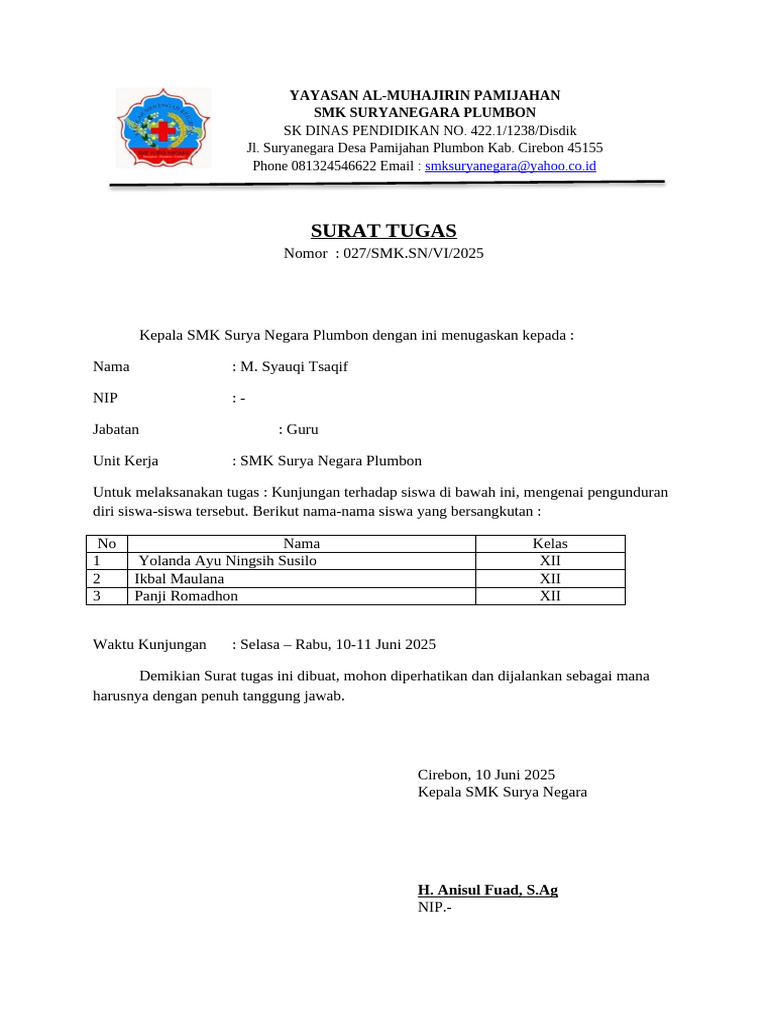 Surat Tugas Kunjungan Siswa SMK Suryanegara | PDF