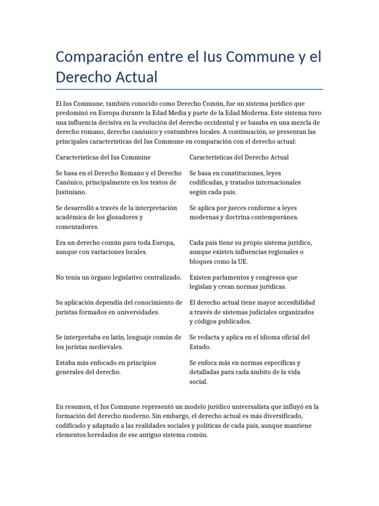 Ius Commune vs. Derecho Actual: Comparativa | PDF