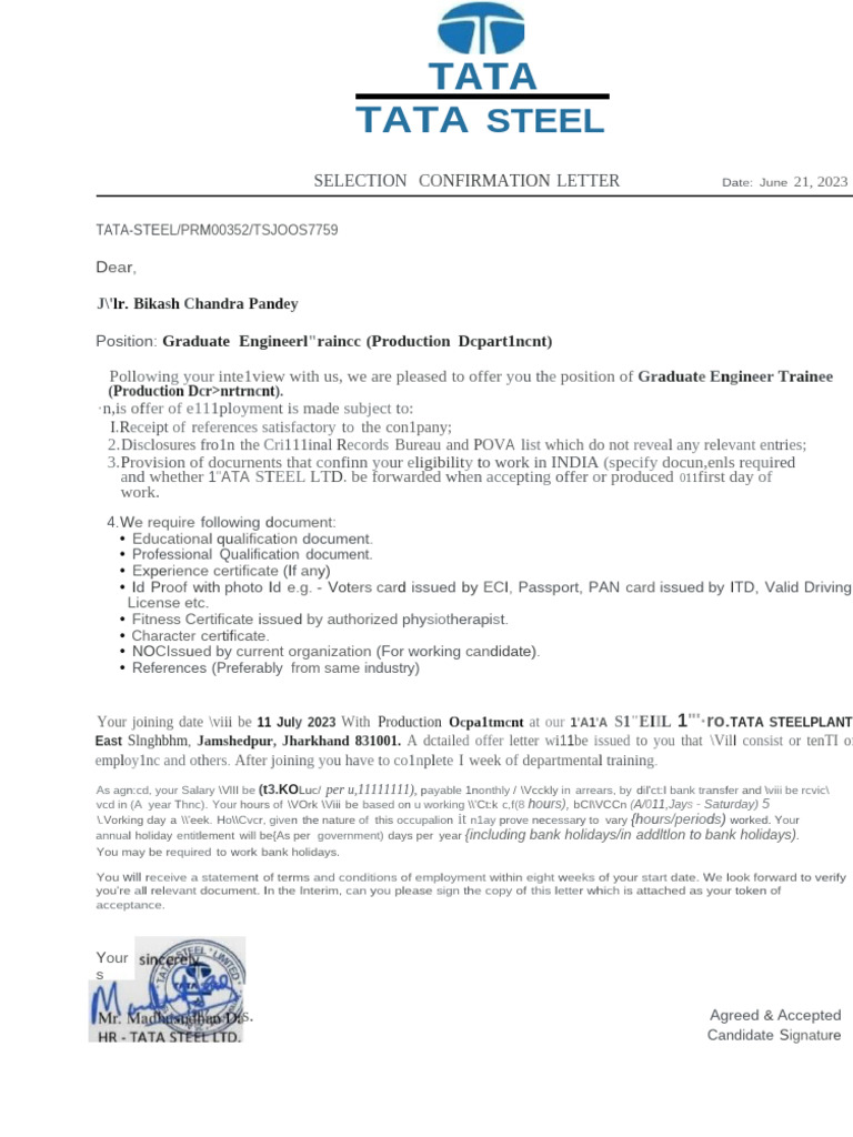 Tata Steel Selection Confirmation Letter | PDF | Government And ...