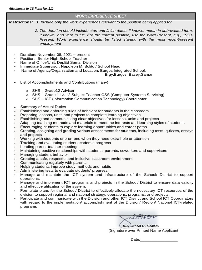 Cs Form 212 Work Sheet Experrience | PDF | Educational Technology ...