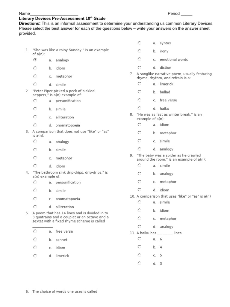 Literary Devices Quiz10th Grade Pretest | PDF | Poetry | Rhyme