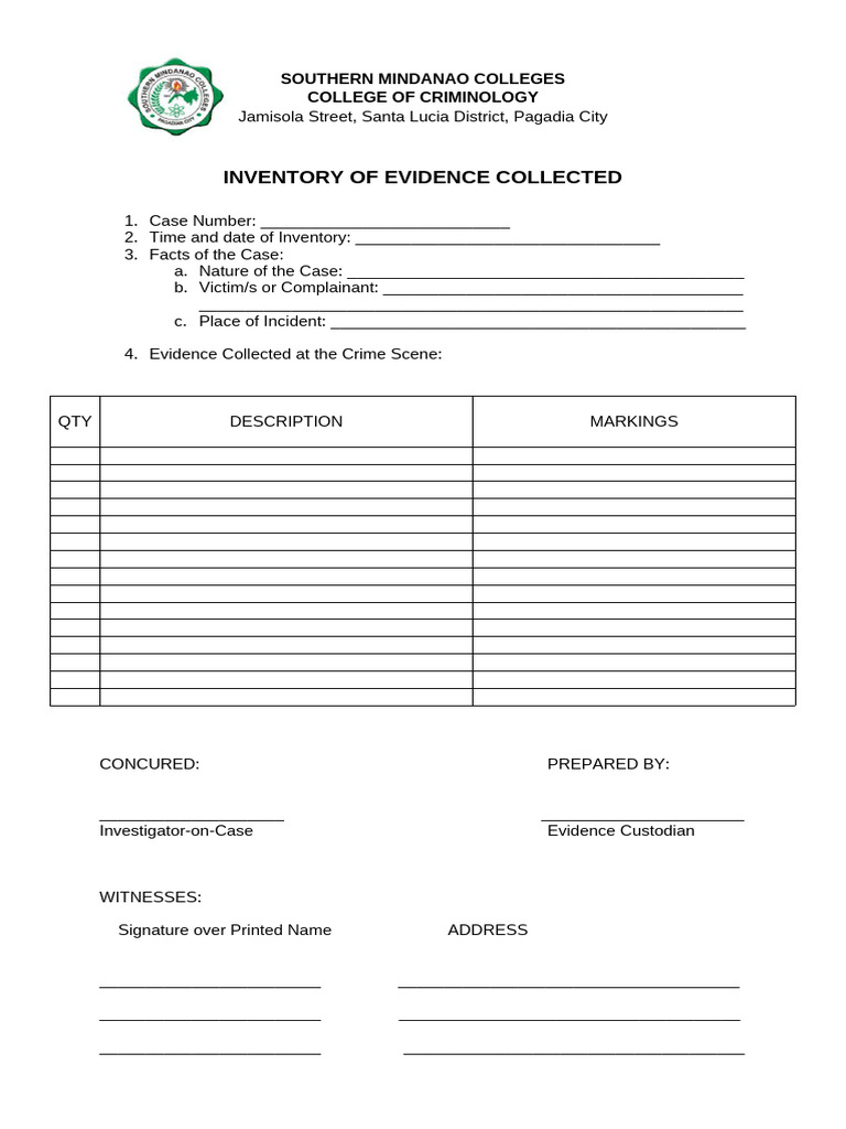Evidence Inventory Form Template | PDF