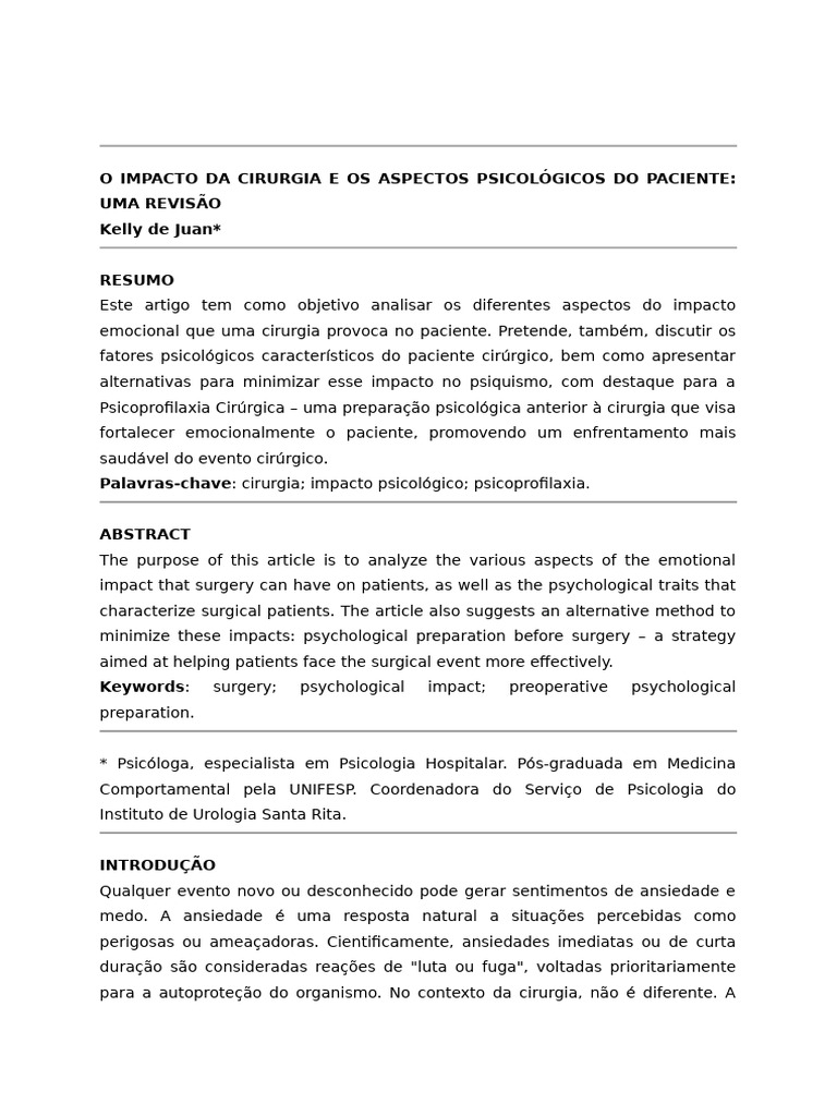 O Impacto Da Cirurgia e Os Aspectos Psicológicos Do Paciente Uma ...