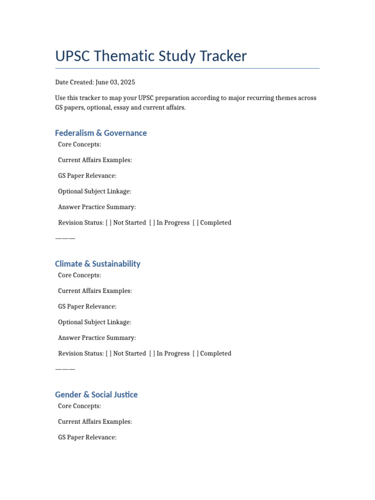 UPSC Thematic Study Tracker | PDF