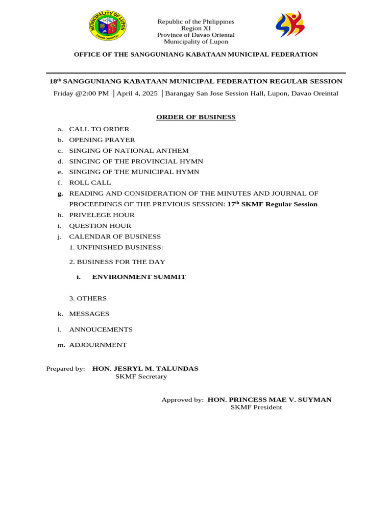 18th Regular Session Agenda | PDF