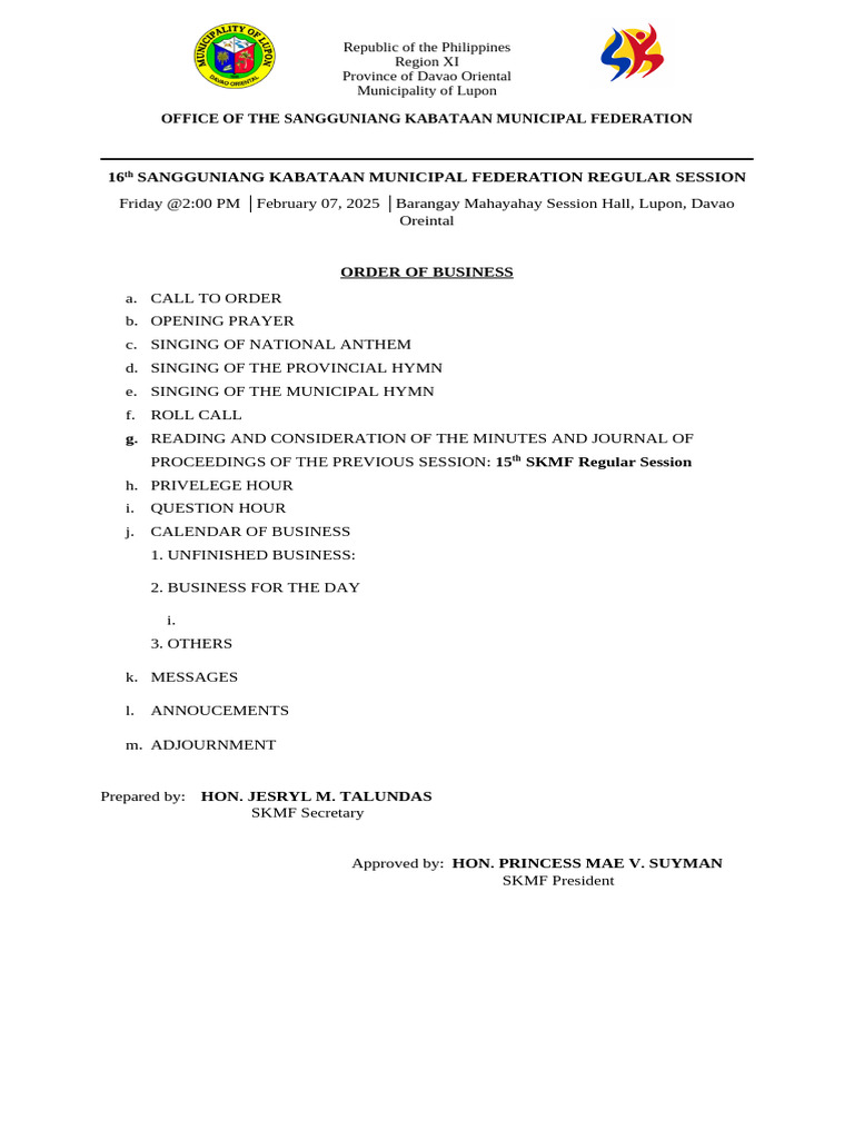 16th Regular Session Agenda | PDF