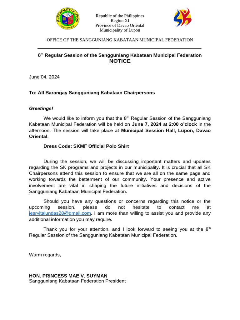 SK Municipal Federation Session Notice | PDF