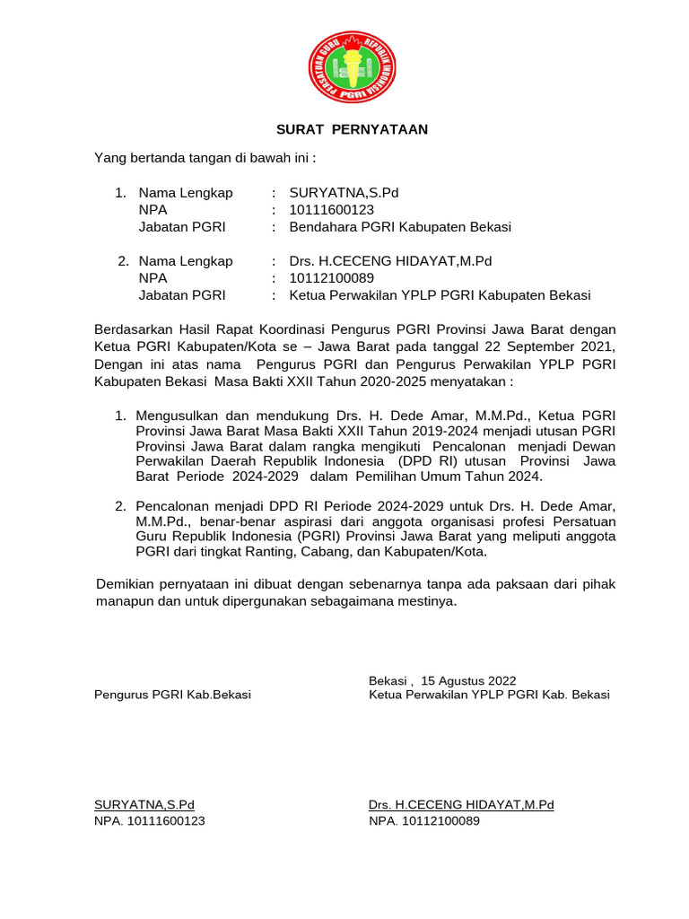 Dukungan Pencalonan Dede Amar DPD RI | PDF