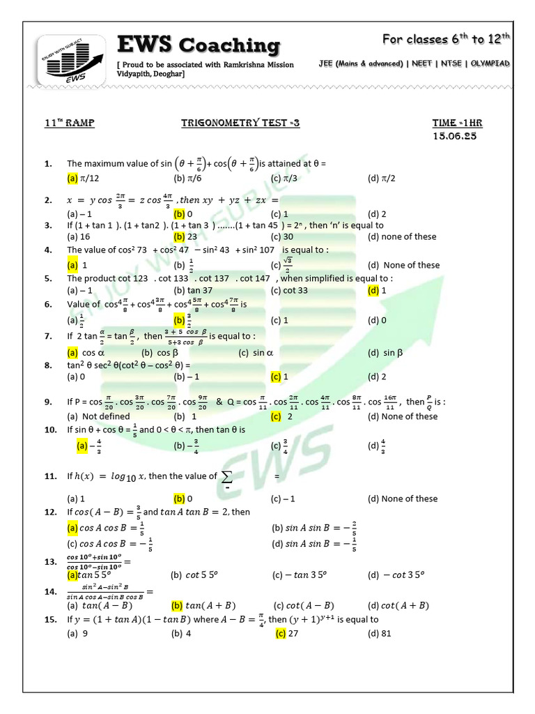 11th Math Trigonometry Test-3 - (Ans) - 15.06.25 | PDF | Chess Theory ...
