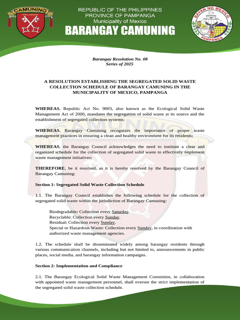 Resolution Garbage Schedule | PDF