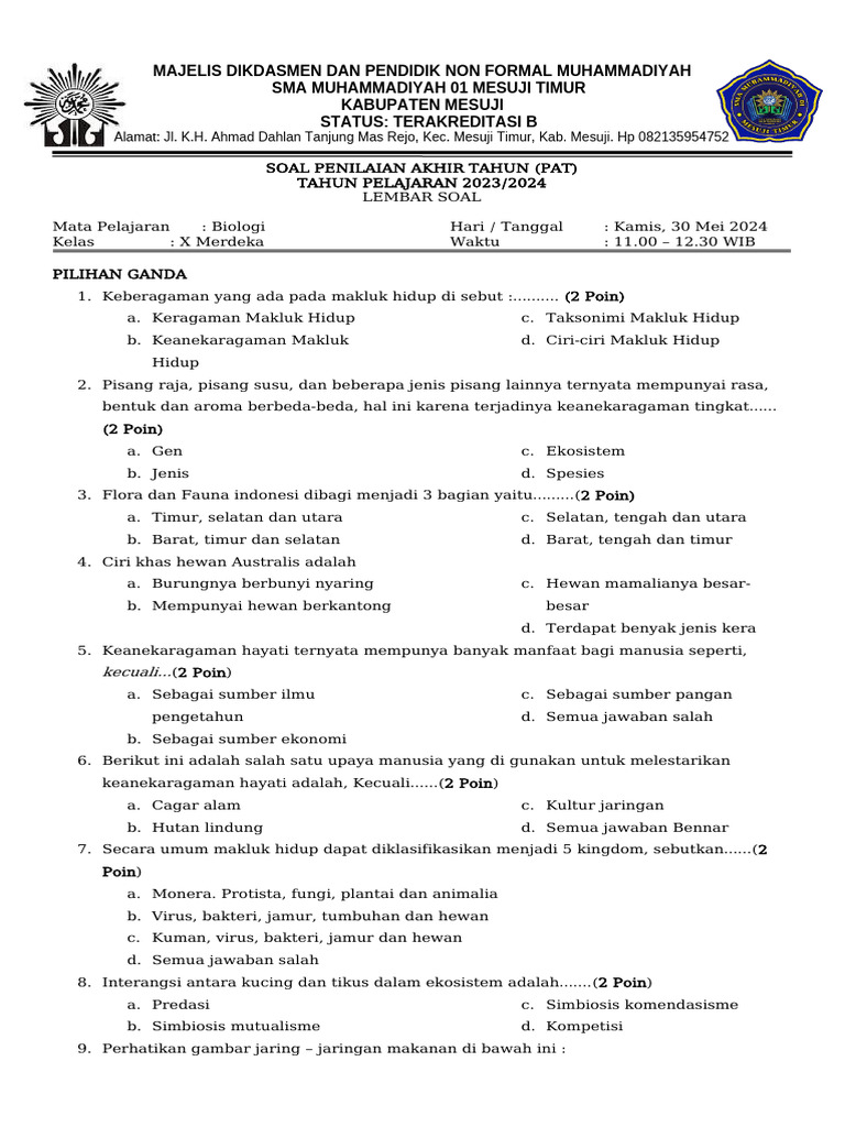 Soal Pat Biologi X Merdeka | PDF