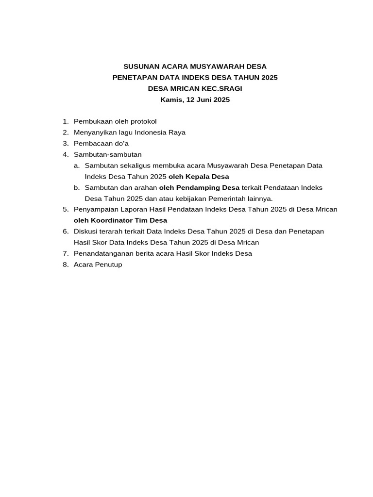Susunan Acara Musdes Indeks Desa | PDF