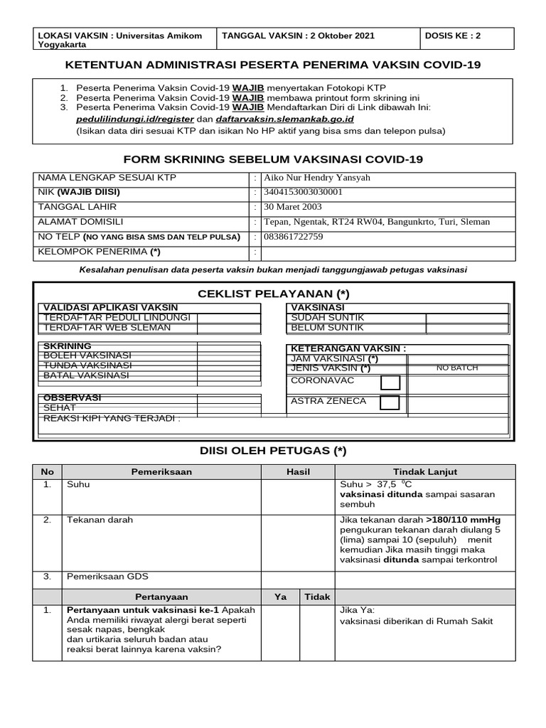 Form Skrining Sebelum Vaksinasi Covid-2 | PDF