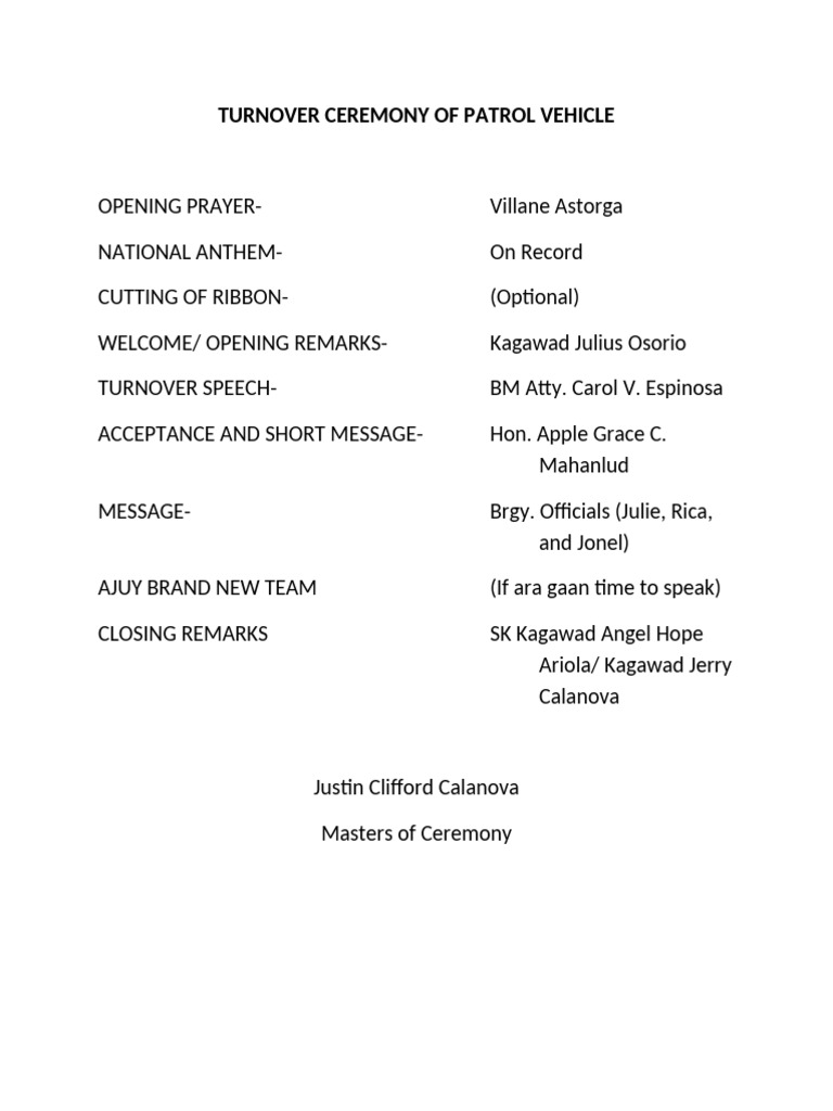 Turnover Ceremony Program for Patrol Vehicle | PDF