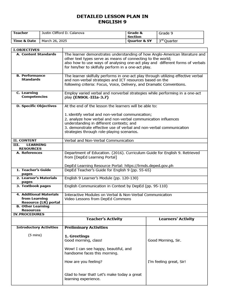 Dep Ed Ranking, Demonstration Teaching. Lesson Plan | PDF | Nonverbal ...