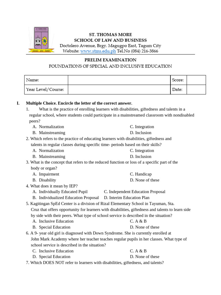 Special and Inclusive Education Exam | PDF | Special Education | Disability