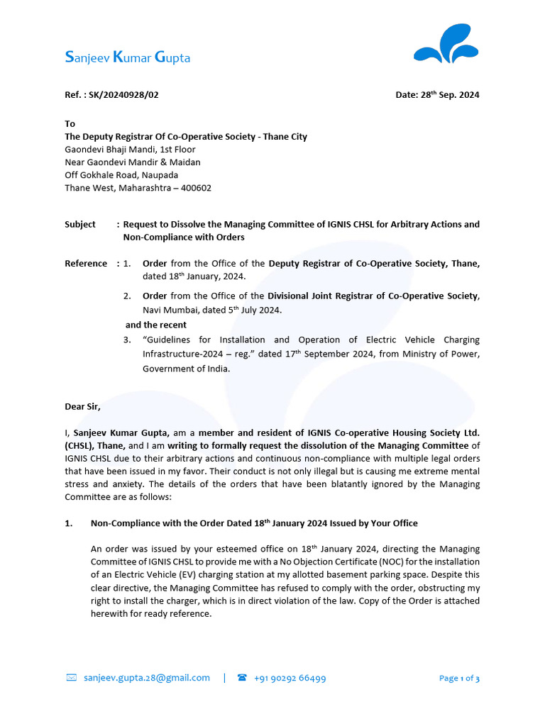 Letter To Dy Registrar To Dissolve The IGNIS CHSL Management Committee ...