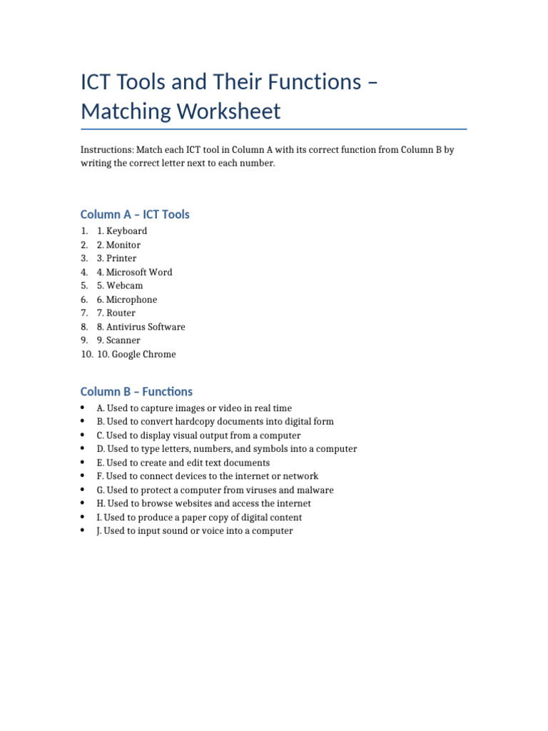 Ict Tools Matching Worksheet Pdf