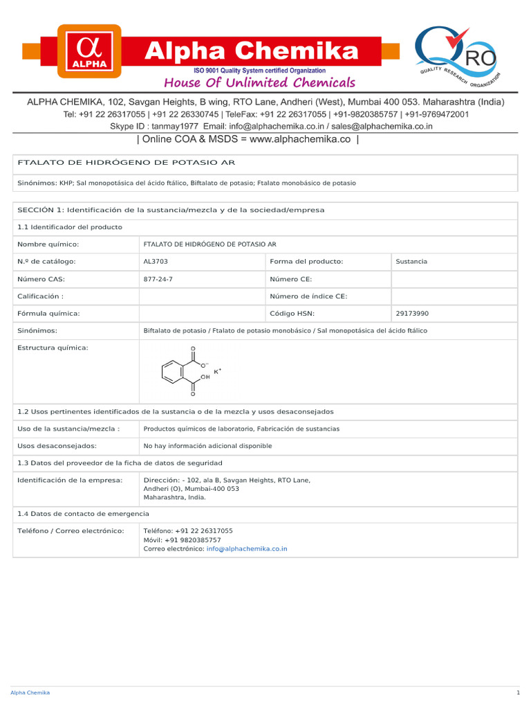Ftalato de Hidrógeno de Potasio AR | PDF | Sustancias químicas | Agua