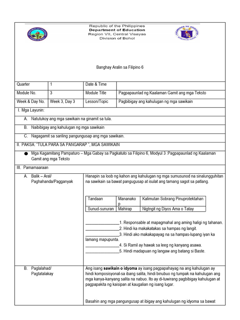 Daily Lesson Guide in Filipino 6 MODULE 3 DAY 3 | PDF
